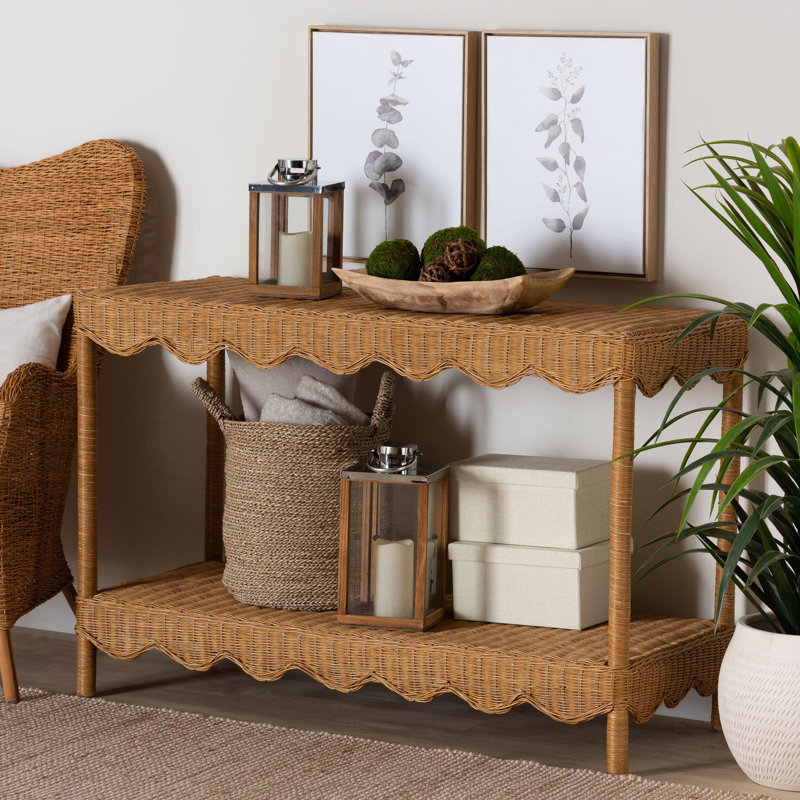 Bali Pari Oteria Bohemian Light Honey Scalloped Rattan Console Table